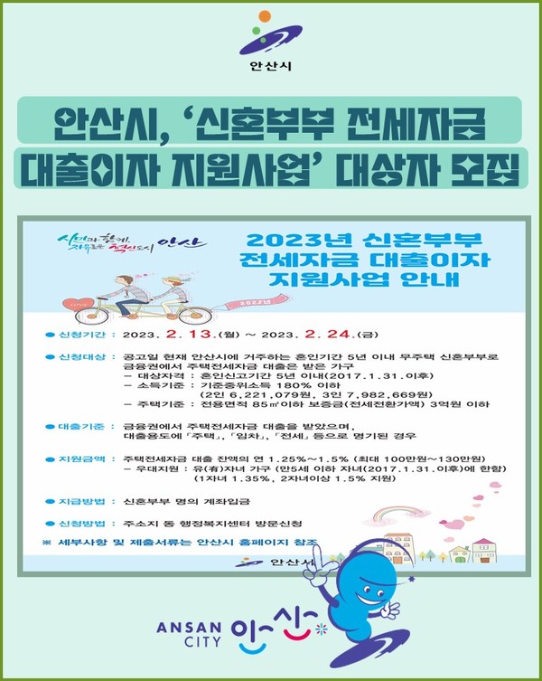 [카드뉴스] 안산시, ‘신혼부부 전세자금 대출이자 지원사업’ 대상자 모집